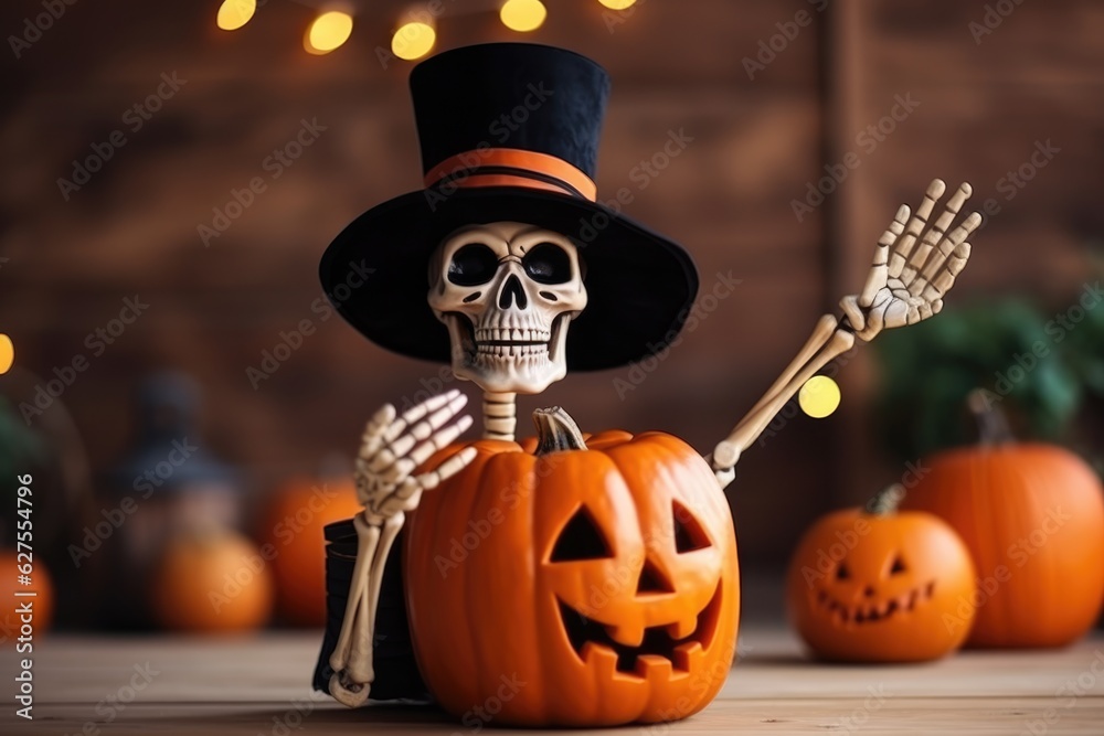 Kids Halloween background. Skeleton saluting, pumpkins, blurred ...