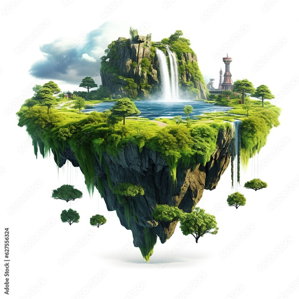 Floating land with blue river and waterfall, green grass, mountains ...