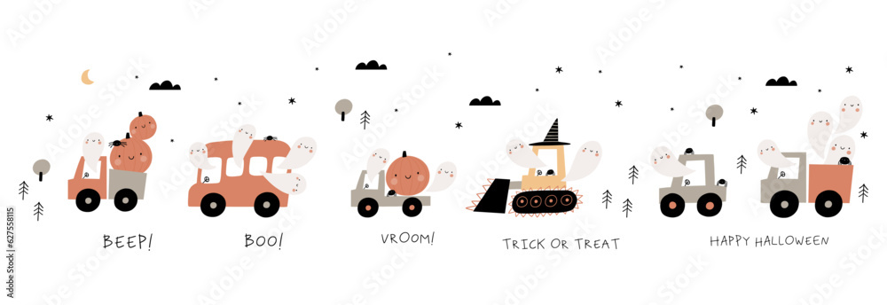 Cute Cartoon Halloween cars, pumpkin, and ghosts - vector illustration ...