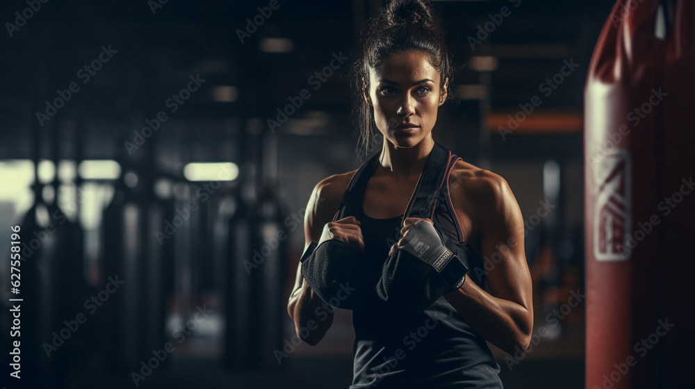 Striking image of a female boxer at work in a dimly lit gym - a vivid ...
