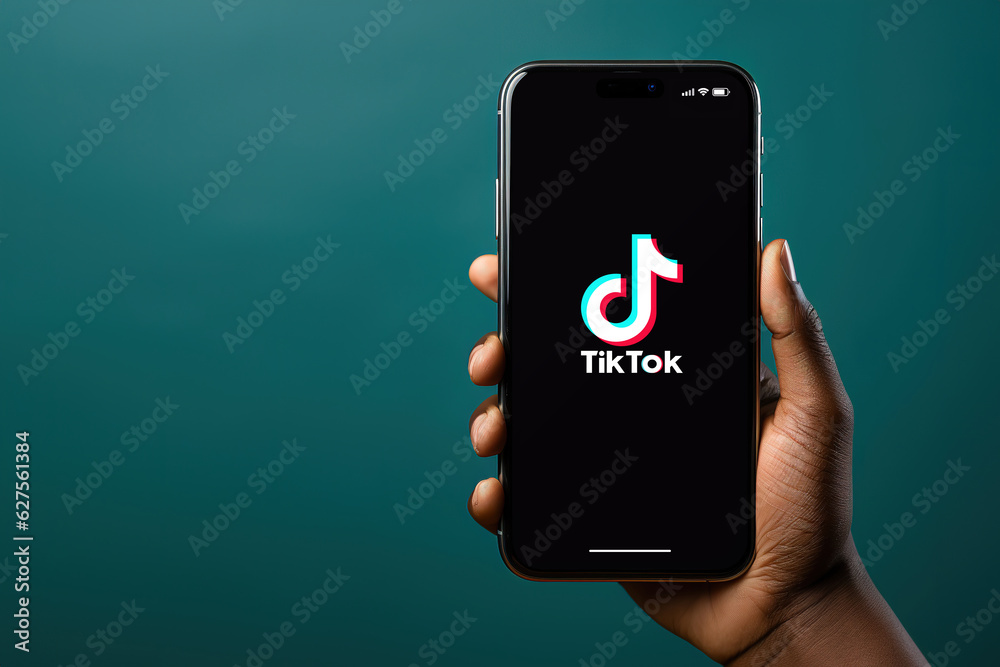 Black hand holding a smartphone iPhone with Tik Tok app on the screen. White background. Rio de ...