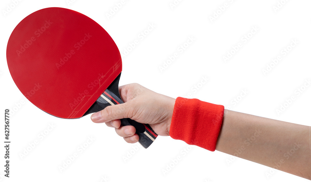 Sports equipment, Woman Hand holding Red ping pong racket on white ...