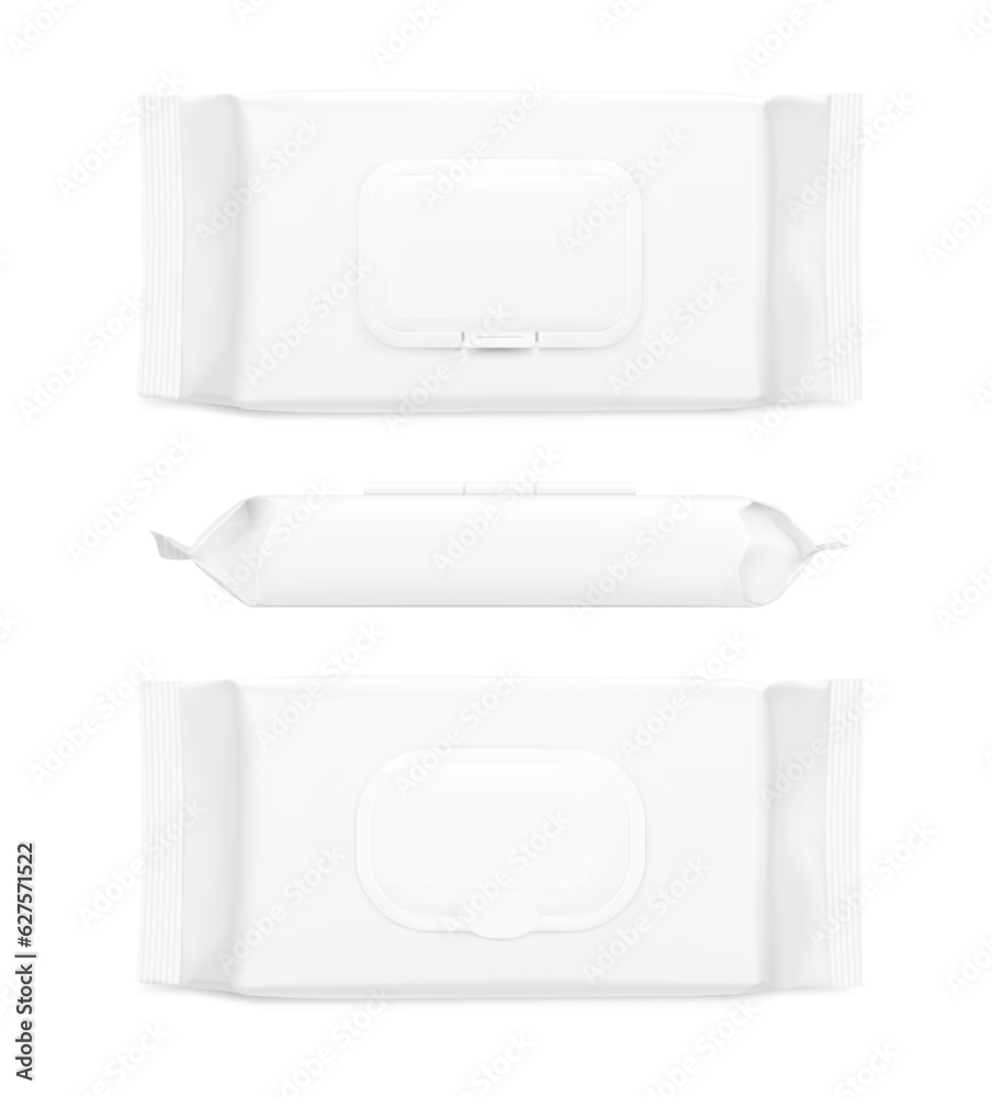 Realistic wet wipes package bag mockup set. Two different valves ...
