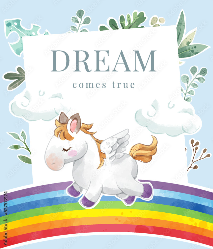 cartoon Pegasus on the rainbow card template illustration Stock Vector ...