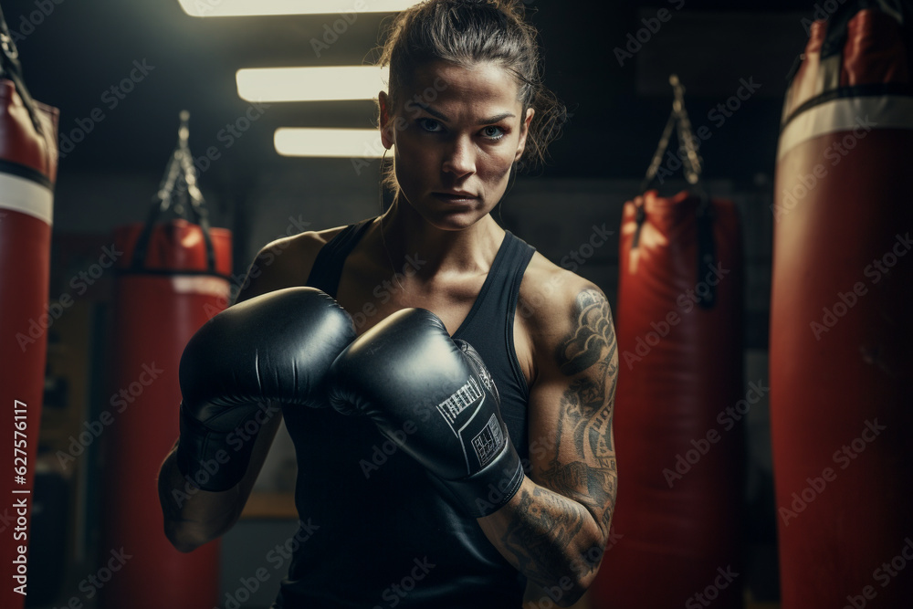 Striking image of a female boxer at work in a dimly lit gym - a vivid ...