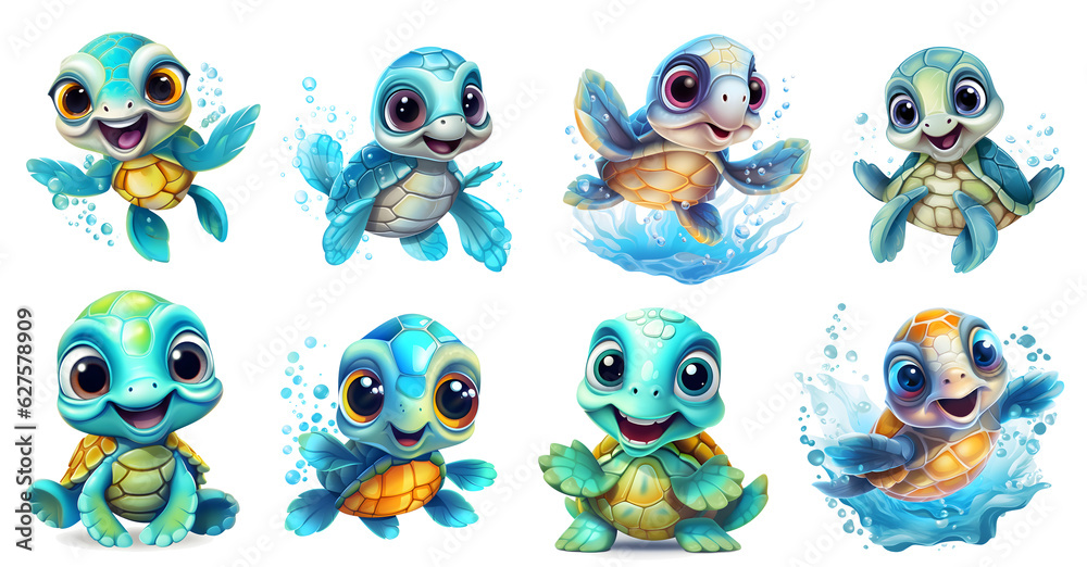 set of funny cartoon sea turtles, isolated background png, sea turtle ...