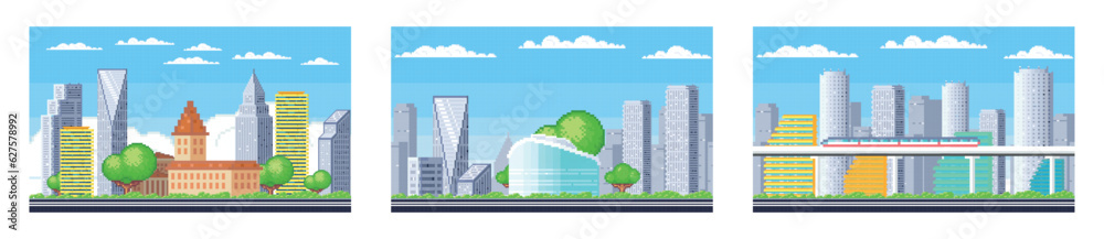 City buildings. Downtown pixelated cityscape set. Scenery skyline ...