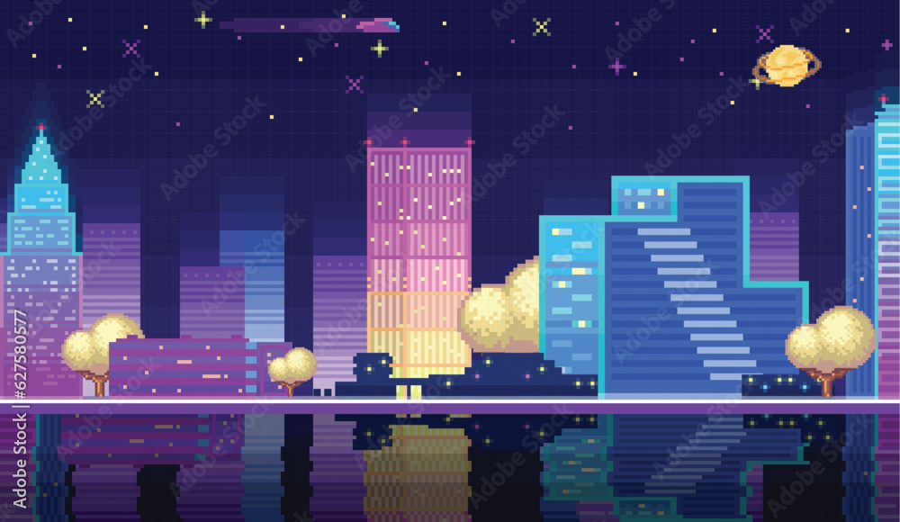 Night city landscape neon pixel background with hight buildings ...