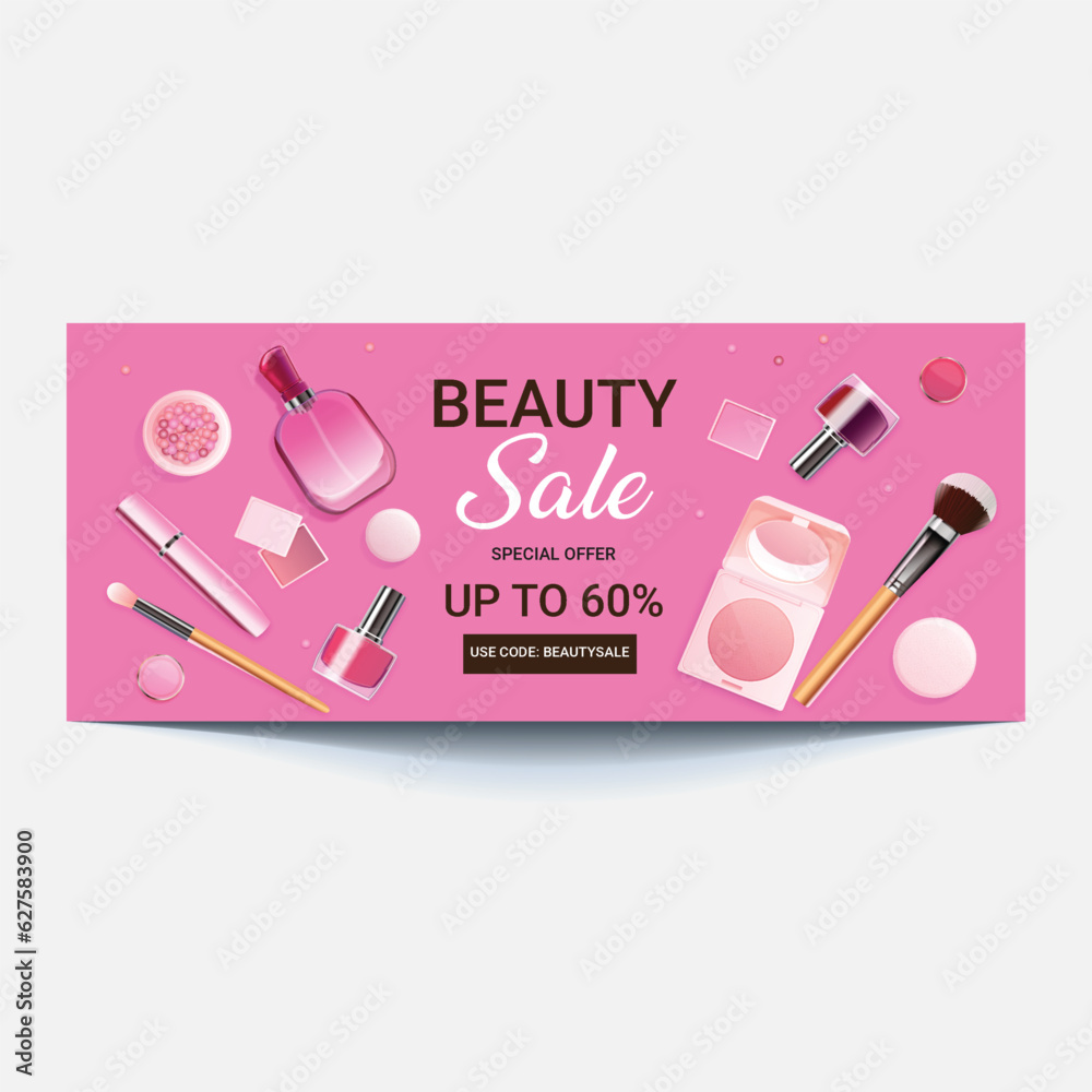 Beauty make up banner template. Cosmetic products on wavy background in ...