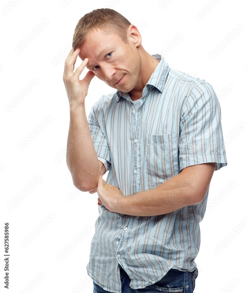 Stress, headache and tired with portrait of man on png for burnout ...