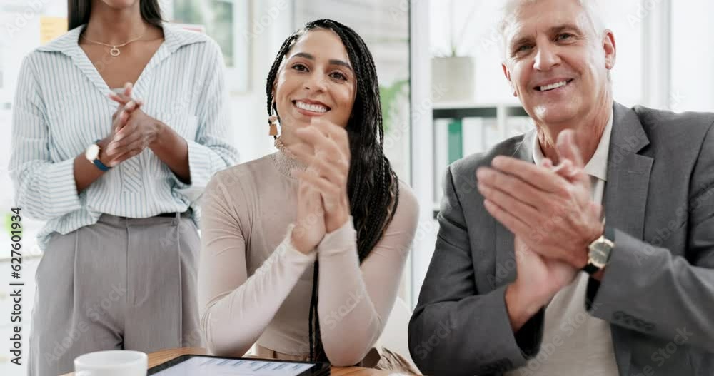 Happy business people, meeting and applause in teamwork, celebration or promotion at the office ...