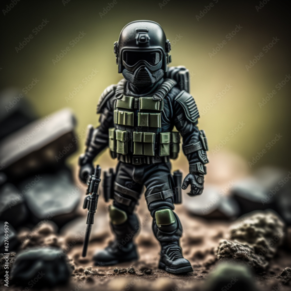 Macro photography of a miniature commando in forest with his arms ...
