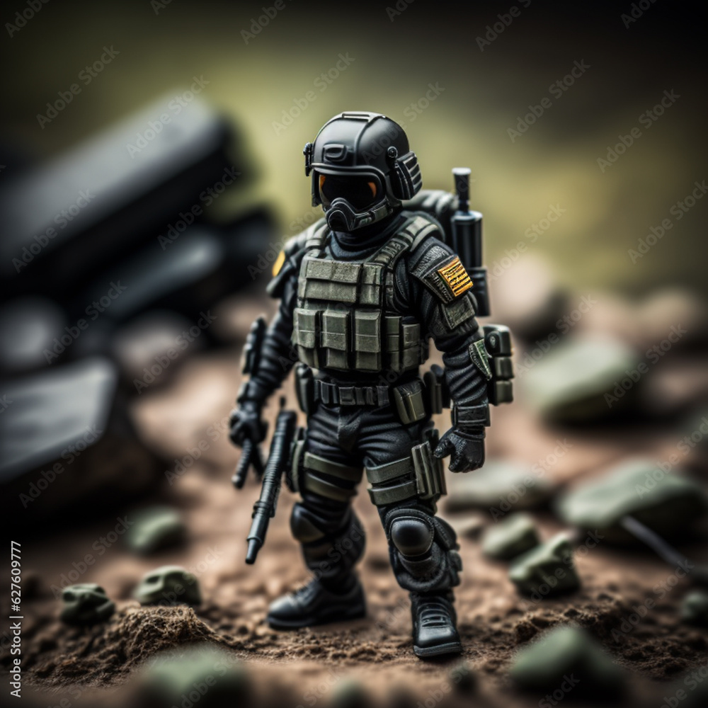 Macro photography of a miniature commando in forest with his arms ...