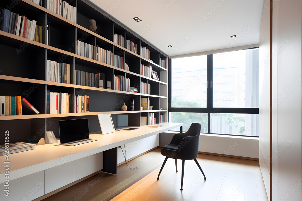 Bright and airy study room with a minimalist desk, ergonomic chair, and ...