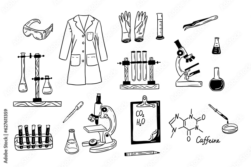 Collection of hand drawn doodle science items. Vector isolated outline ...