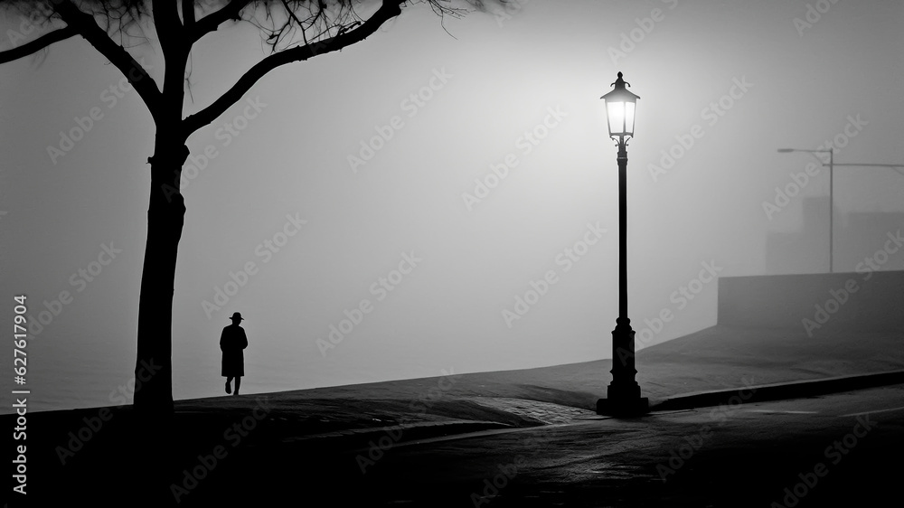 Silhouette of a lone on an empty street at night with a lone ...