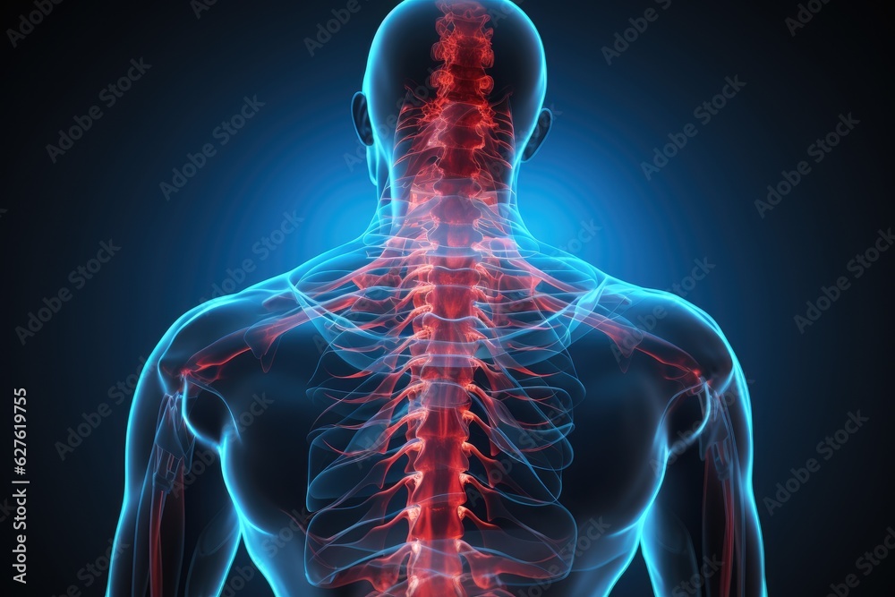 Human body with highlighted rib cage in x-ray on dark background, 3D ...