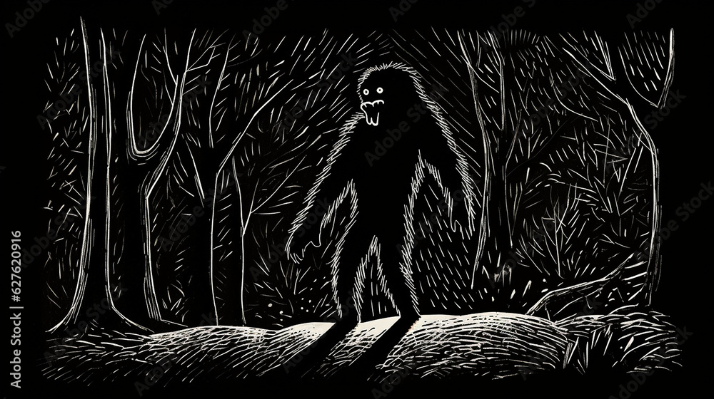 Simple black and white Linocut art of a Sasquatch in the woods ...