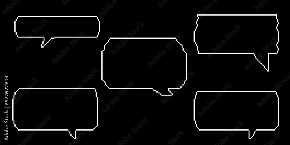 Pixel dialogue box set in black background. Speech pixel bubble for ...