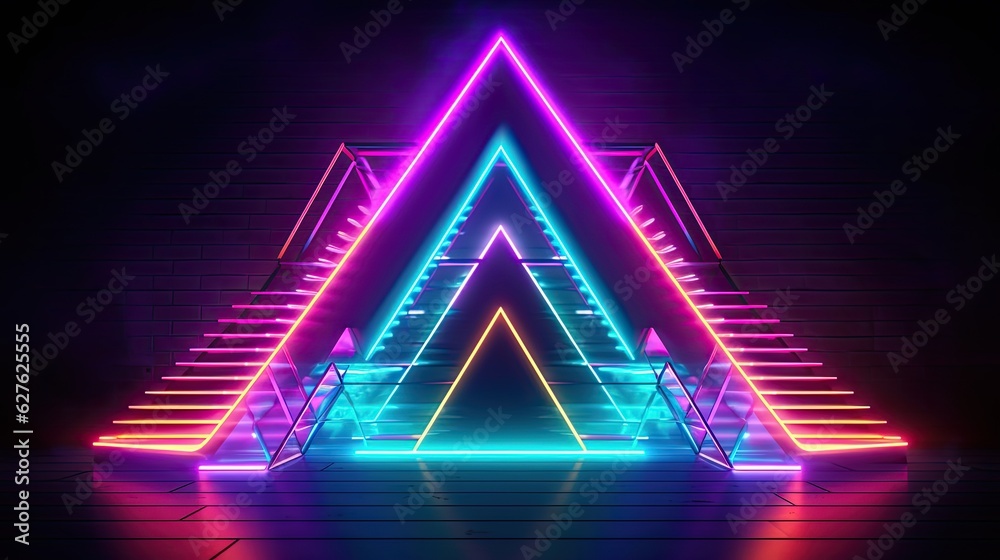 An abstract neon stage featuring glowing tetrahedrons suspended in mid ...