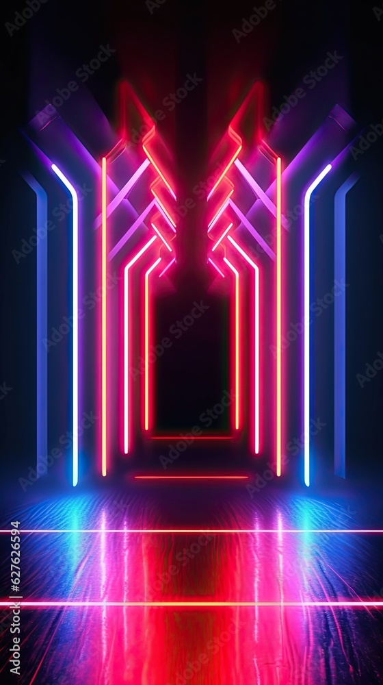 An abstract neon stage design with intersecting geometric shapes ...