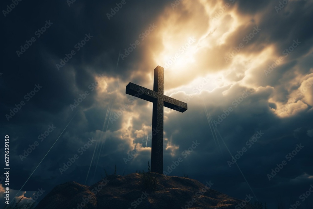 Disturbed sky with radiant cross amid clouds. Generative AI Stock ...