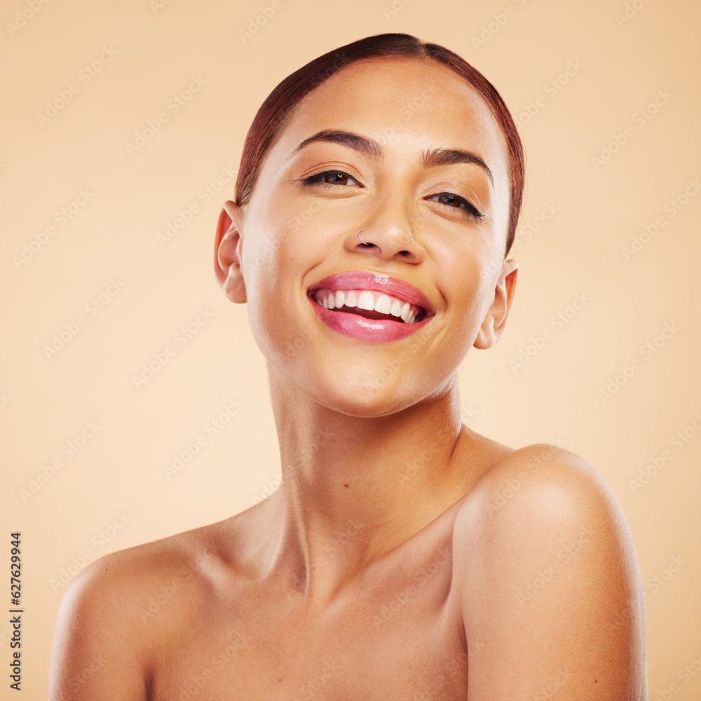 Portrait, skincare and woman with beauty, cosmetics and happiness ...