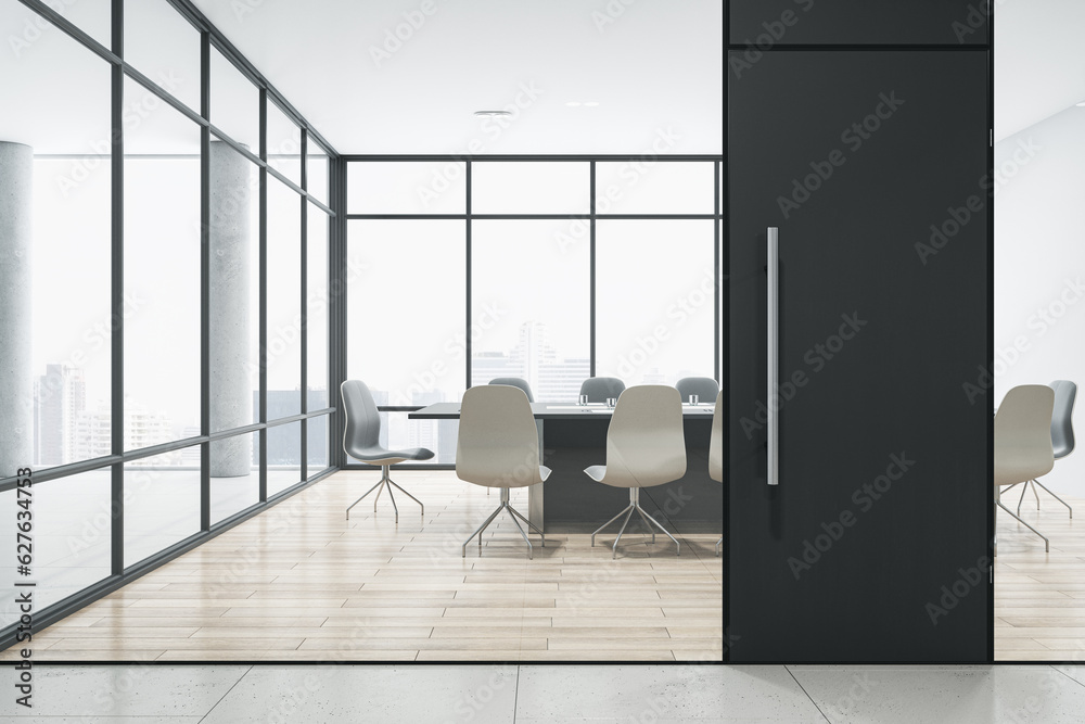 Front view of modern office meeting room with glass wall, panoramic ...
