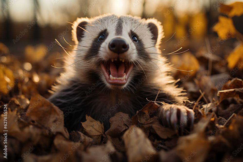 amusing sight of a playful badger, with its furry body rolling and ...