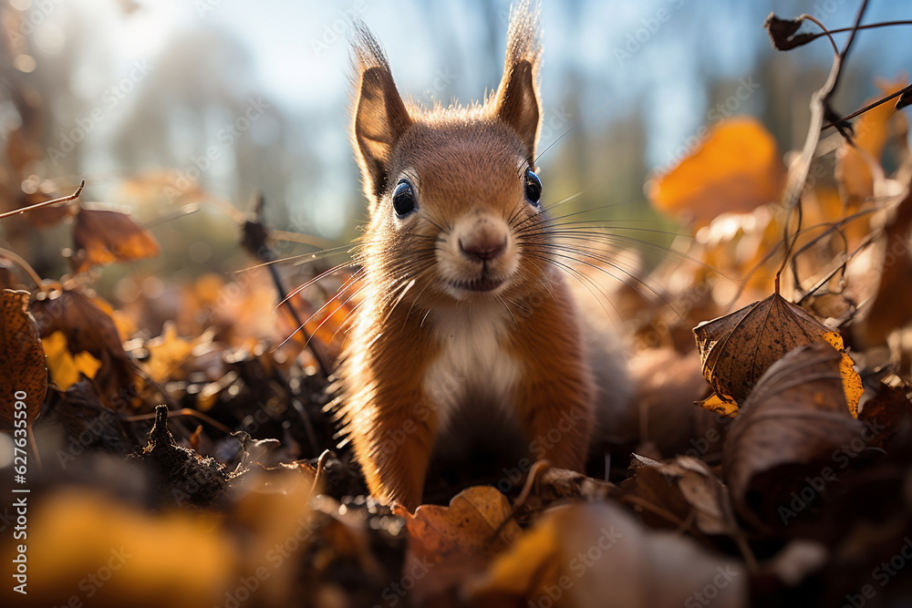 antics and boundless energy, a funny red squirrel leaps and frolics ...