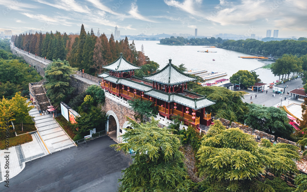 Aerial photography of the Xuanwu Gate on the ancient city wall of ...