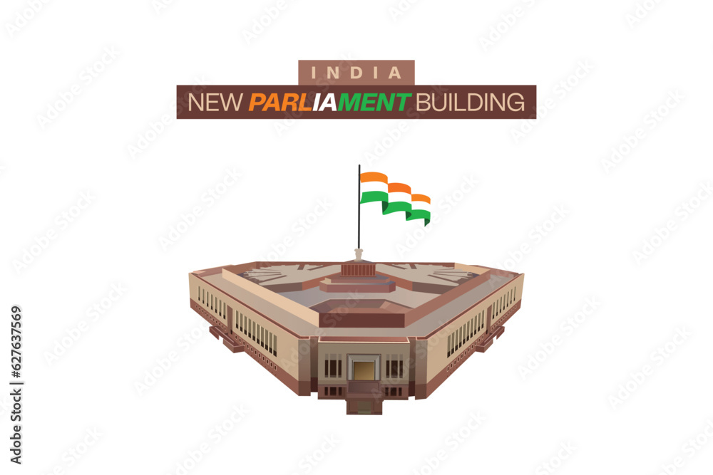 INDIA new parliament building vector illustration with flag Stock ...