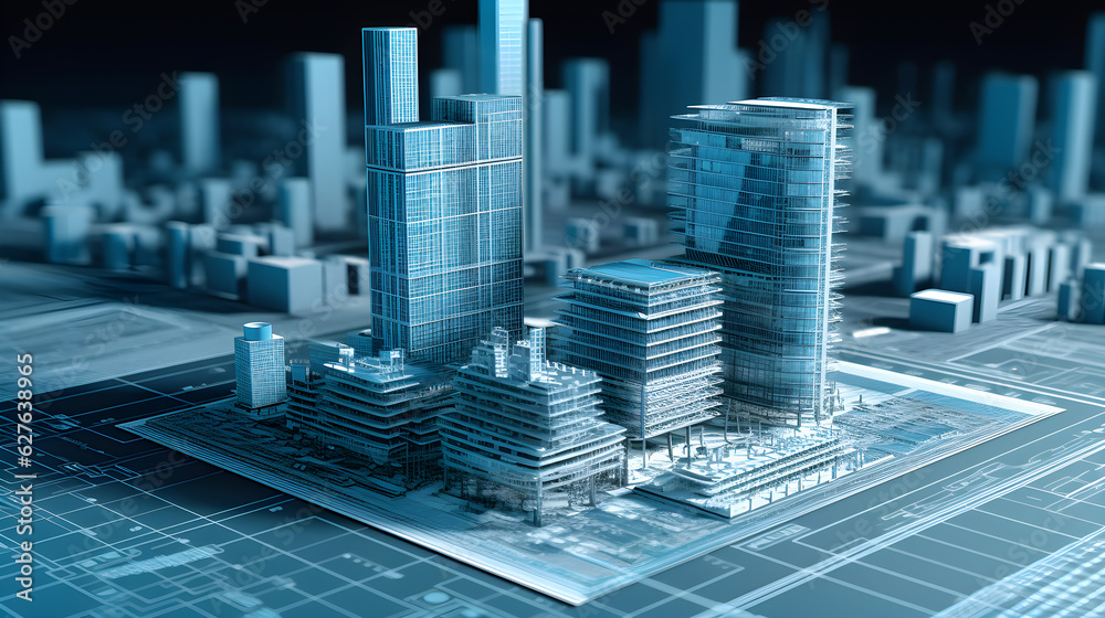 Abstract city building on architecture floorplan with black background ...