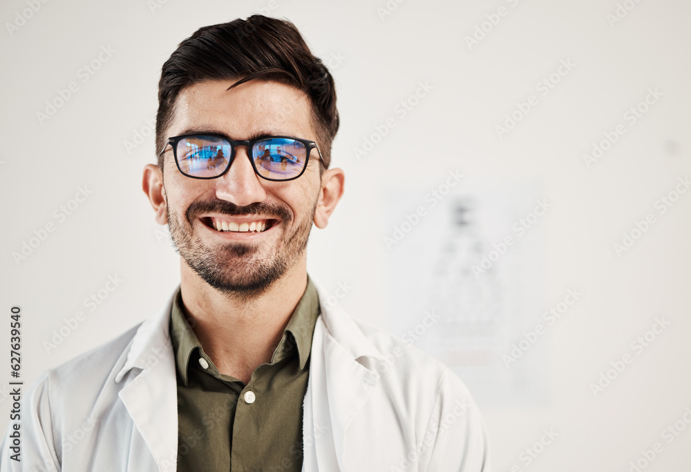 Eye exam, smile and portrait of man optometrist with confidence ...