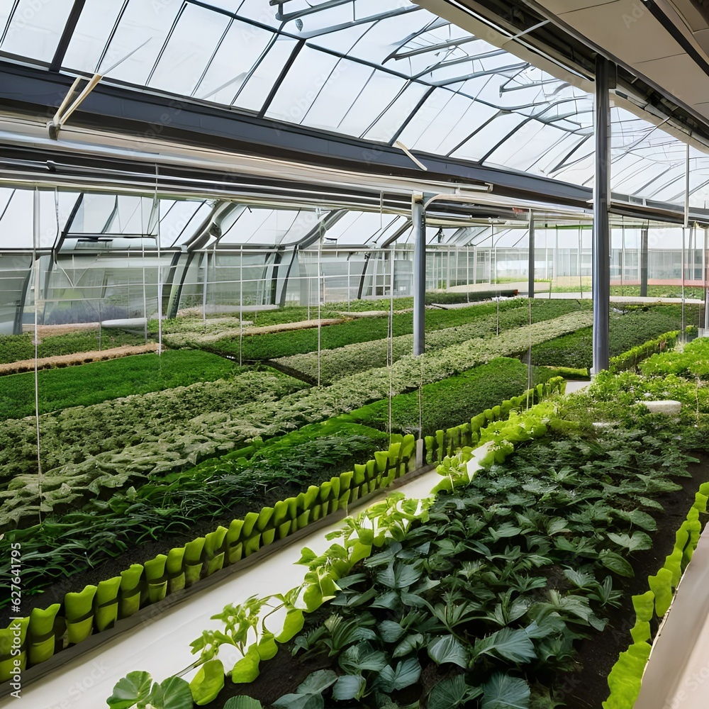A modern urban farm with greenhouses and vertical gardens integrated ...