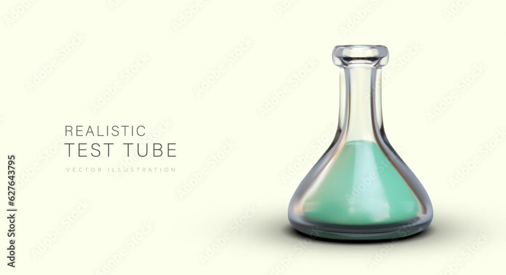 Glass triangular flask with green liquid. Realistic Erlenmeyer flask ...