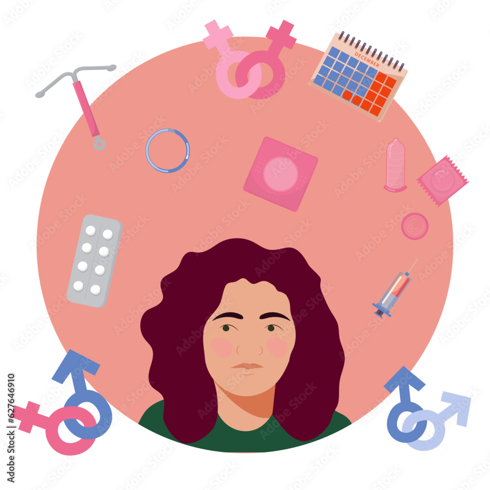 Different types of contraception. Woman thinking about suitable method ...