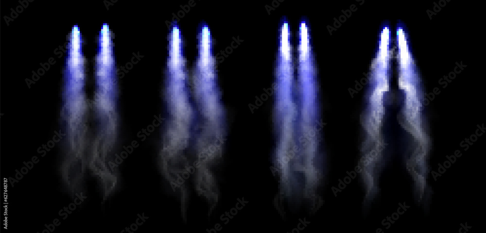Blue fire jet launch smoke trail vector effect. 3d rocket speed cloud ...