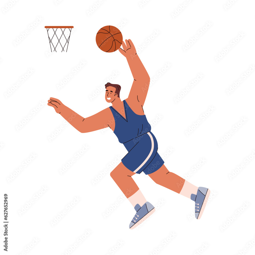 Vetor de Basketball player man in jump raised hand with the ball up ...