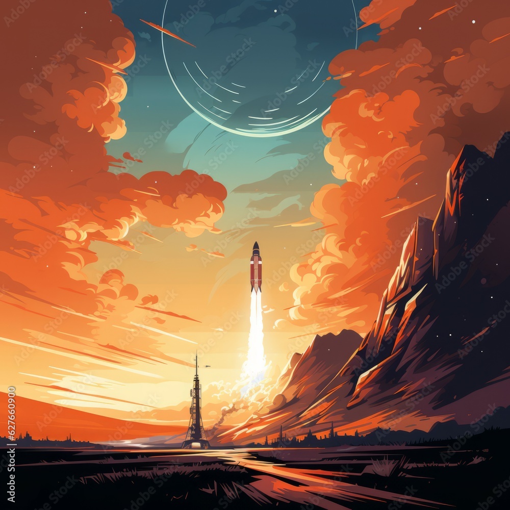 Futuristic rocket taking off illustration. Beautiful visualization of a ...