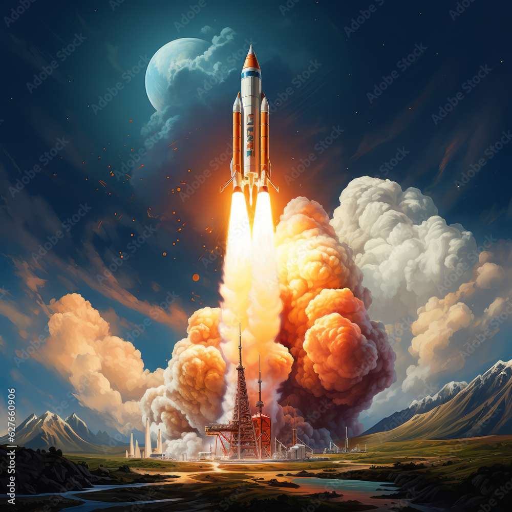 Futuristic rocket taking off illustration. Beautiful visualization of a ...