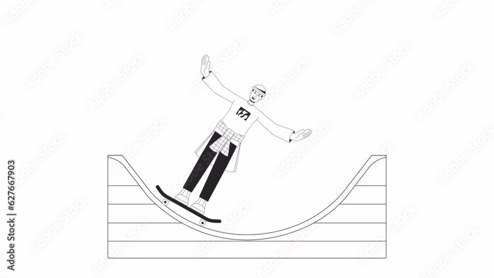 Riding on skateboarding ramp bw outline cartoon animation. Rider skate ...