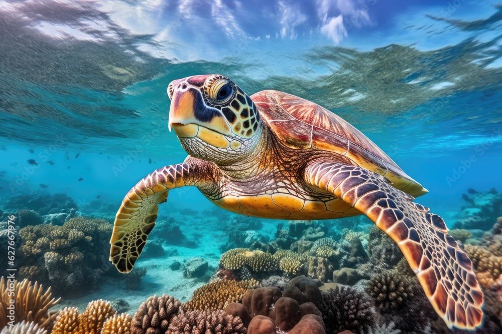 Under water sea turtle. Diving scene of turtle undersea. Generative AI ...