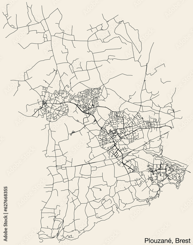 Detailed hand-drawn navigational urban street roads map of the PLOUZANÉ ...