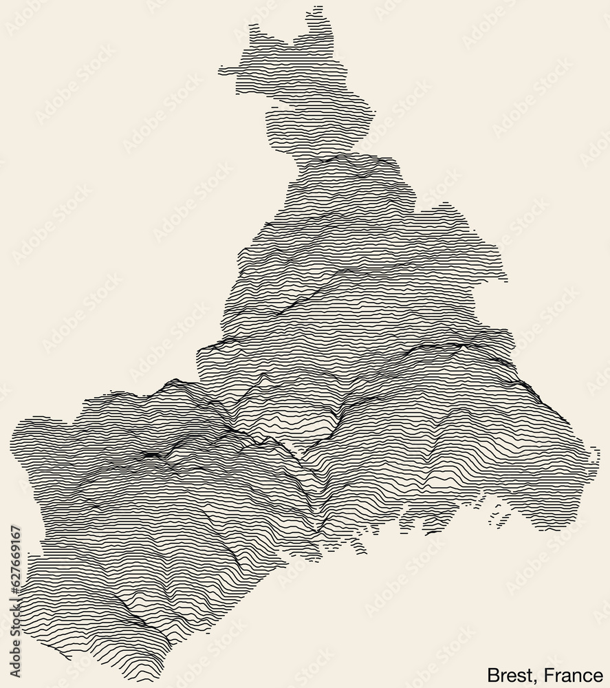Topographic relief map of the city of BREST, FRANCE with solid contour ...