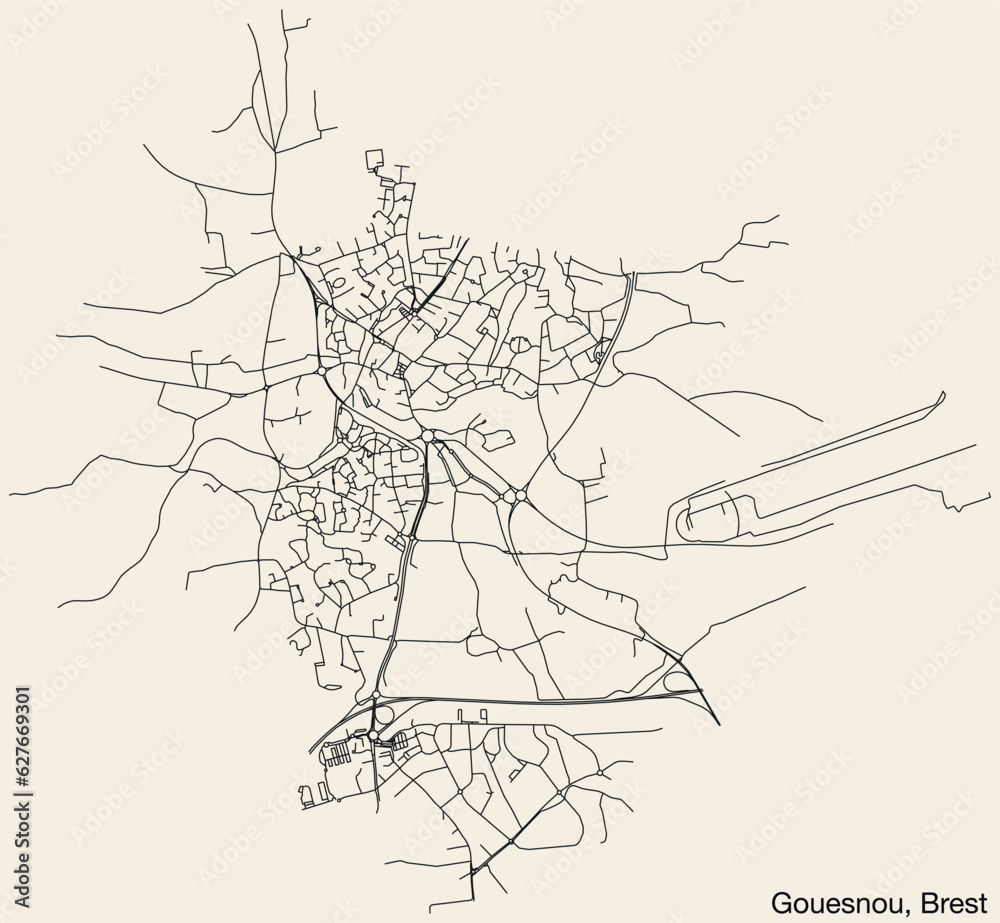Detailed hand-drawn navigational urban street roads map of the GOUESNOU ...