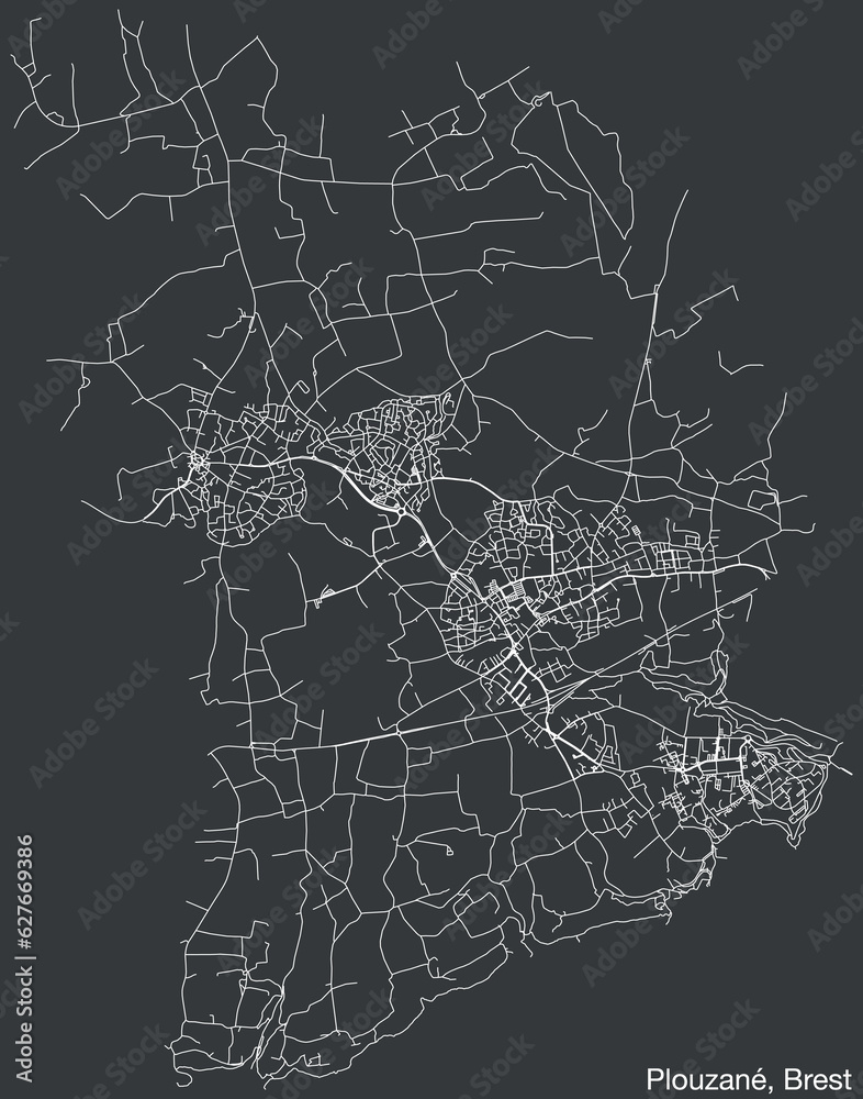 Detailed hand-drawn navigational urban street roads map of the PLOUZANÉ ...