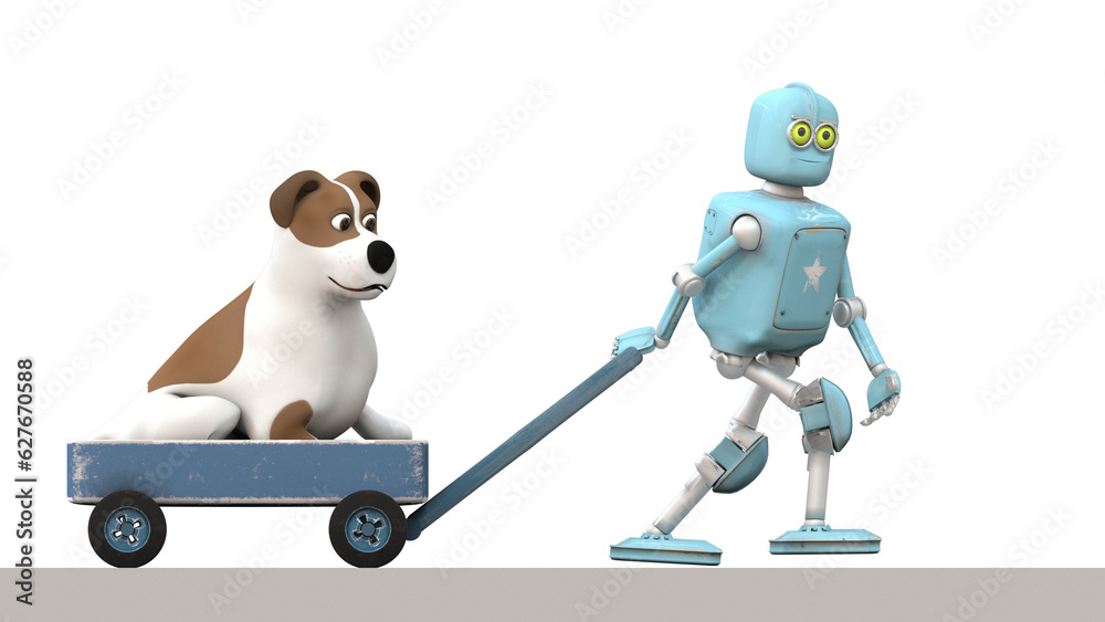 Retro robot pulling a dog on a cart, 3D video render, cartoon style ...