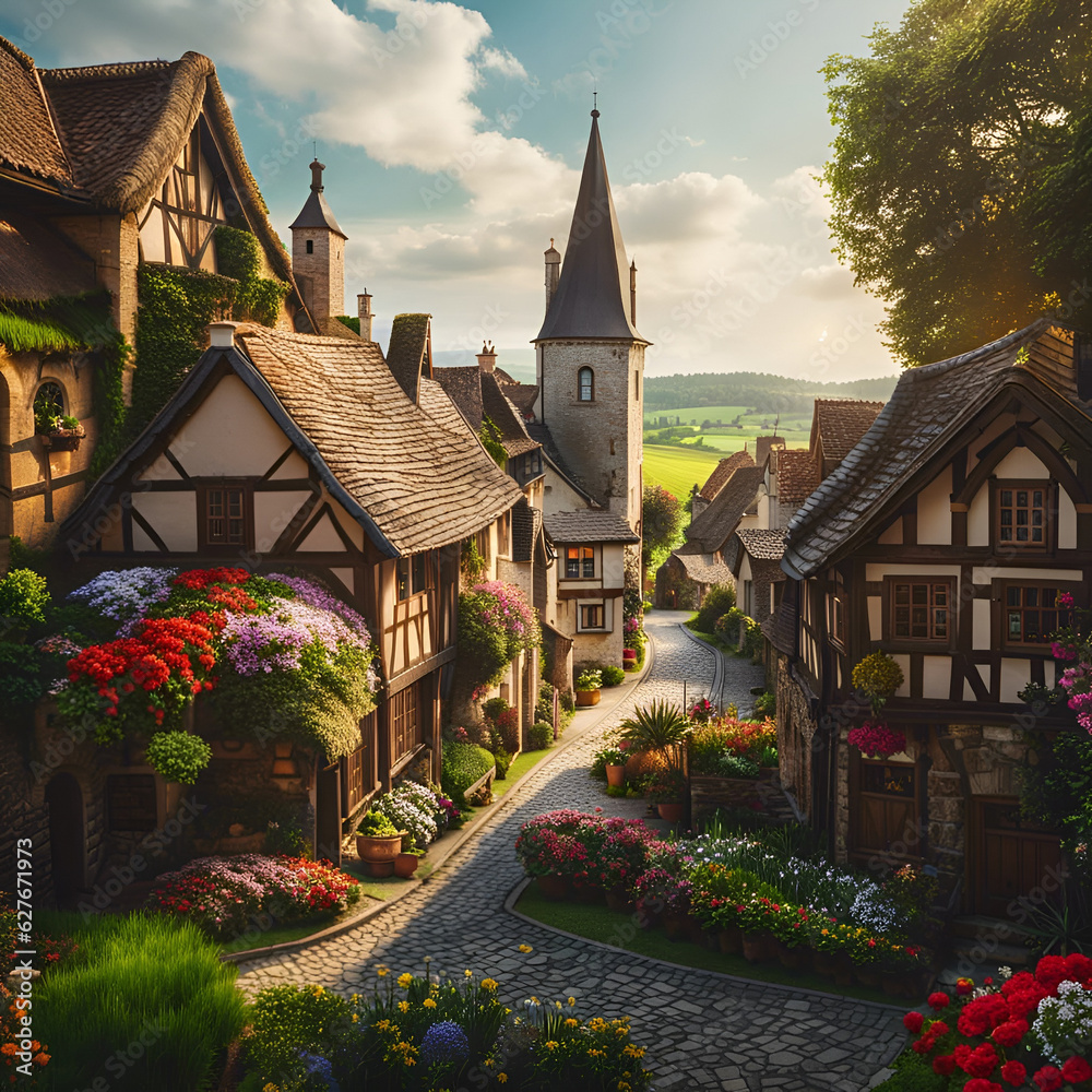 Charming medieval street in old town. Picturesque countryside. Old cozy ...