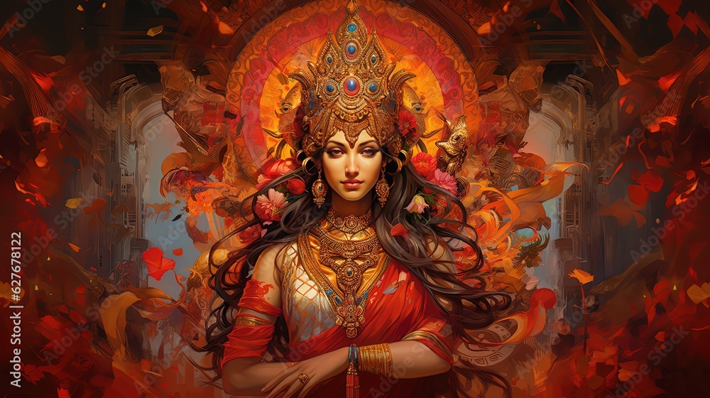 painting style illustration of Indian pretty goddess wearing gold crown ...